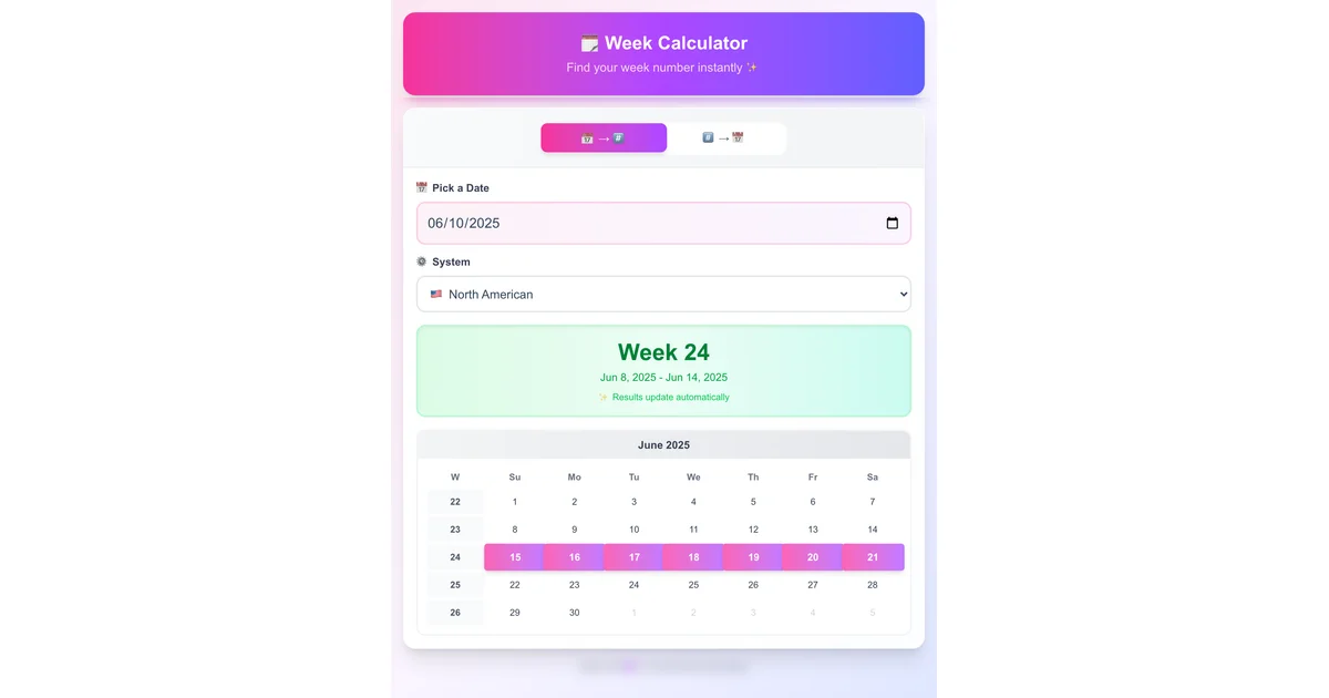 Week Number Calculator - ISO 8601 & North American Week Numbering