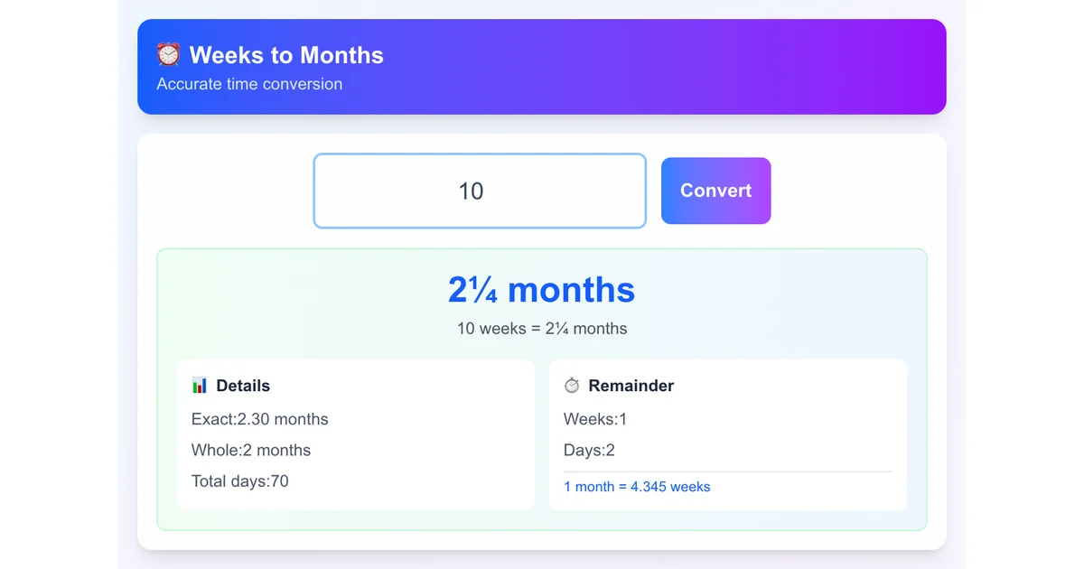 Free Weeks to Months Calculator - Convert Weeks to Months Accurately