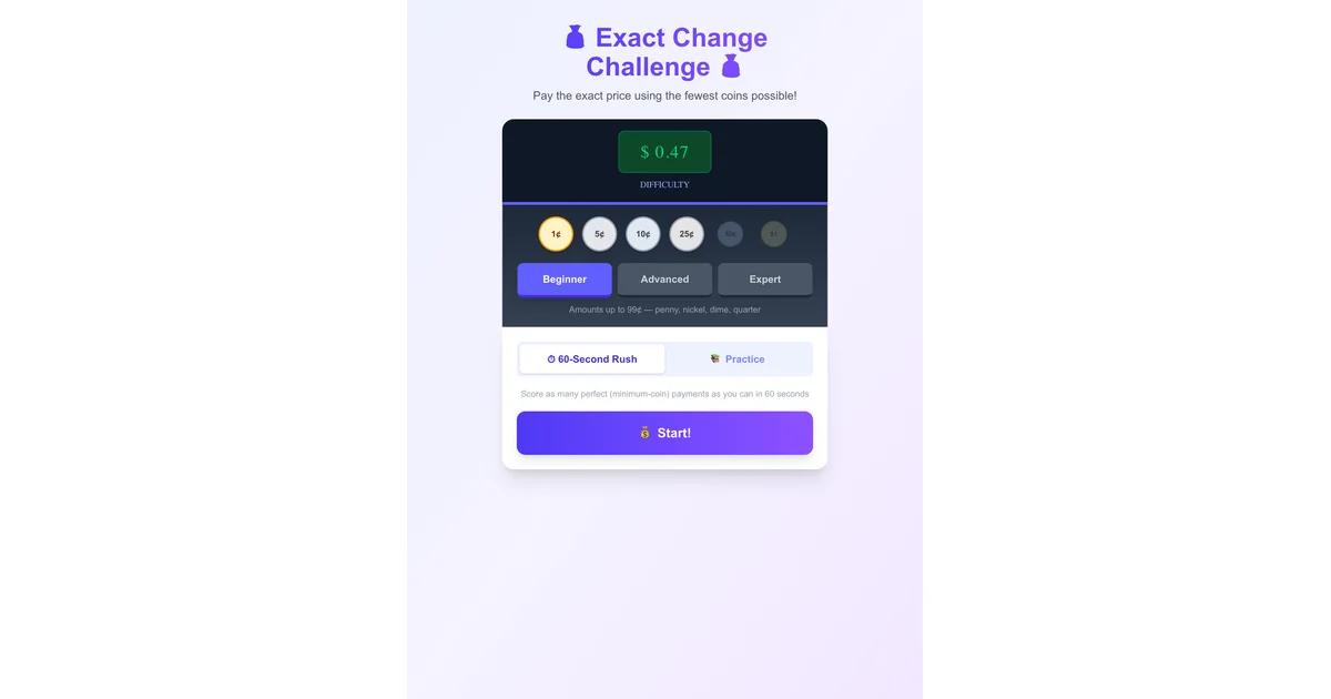 Exact Change Challenge - Pay with the Fewest Coins Possible
