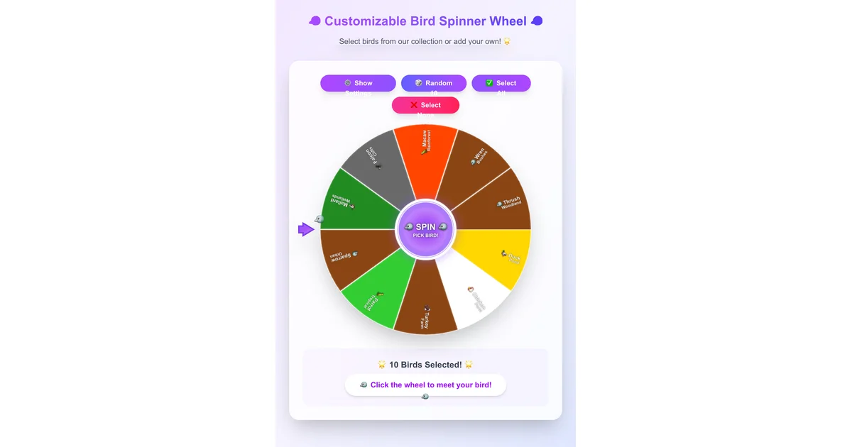 Bird Spinner Wheel - Fun Random Bird Picker Game